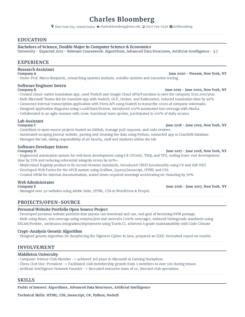 Software Engineer Intern Resume Template